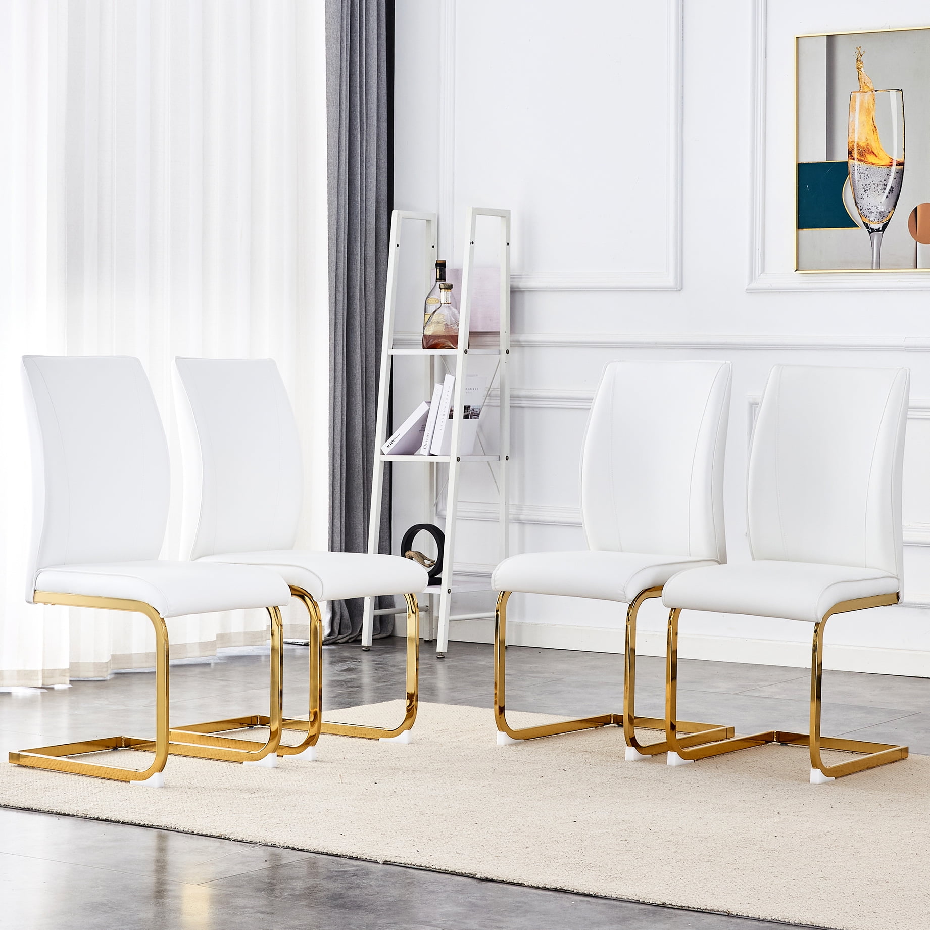4 Luxury Arch Chair , White Pu Seat Cover, Arched Metal Gold Legs ...