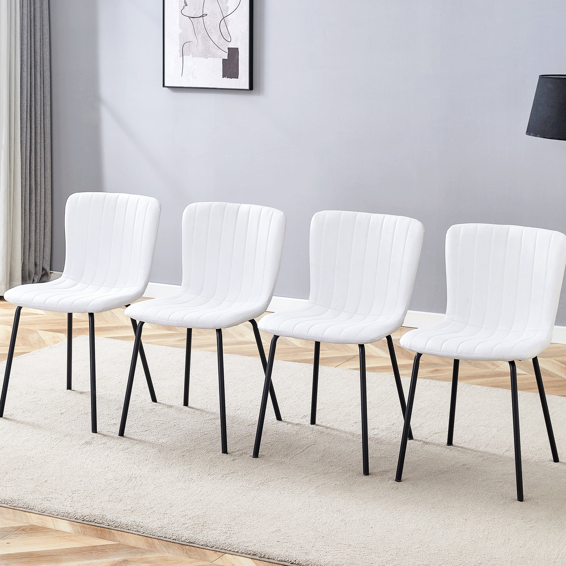 Of 4 Luxury Minimalist Chairs - White Linen & Black Metal Legs, Modern ...