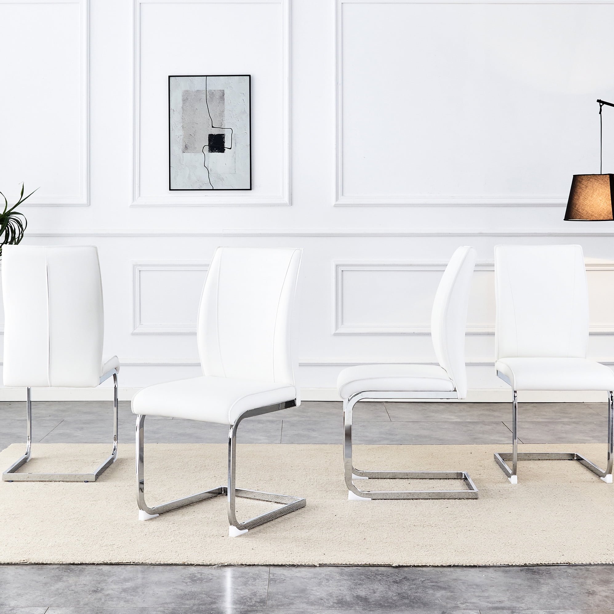 Of 4 Luxury Simple Chairs - White Pu, Arched Metal Legs, High ...