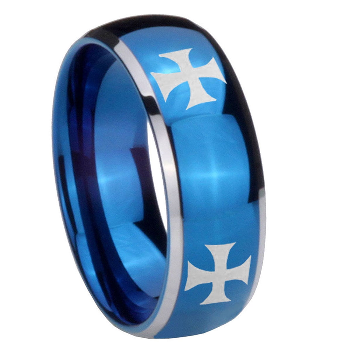 4 Maltese Cross 8MM Polished Blue 2 Tone Dome Tungsten Men Ring ...