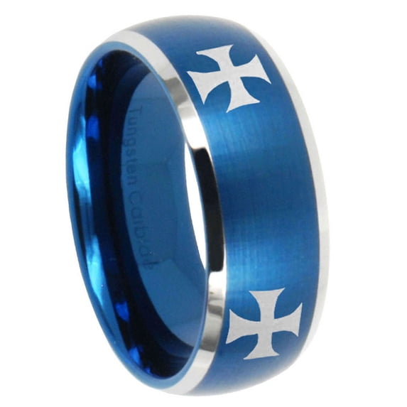 4 Maltese Cross Dome Brushed Finish Blue Tungsten Men Ring 10MM ...