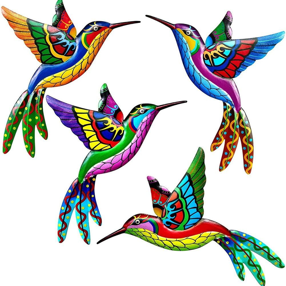 4× Metal Hummingbird Wall Art Decor Colorful Birds 3D Outdoor Sculpture ...