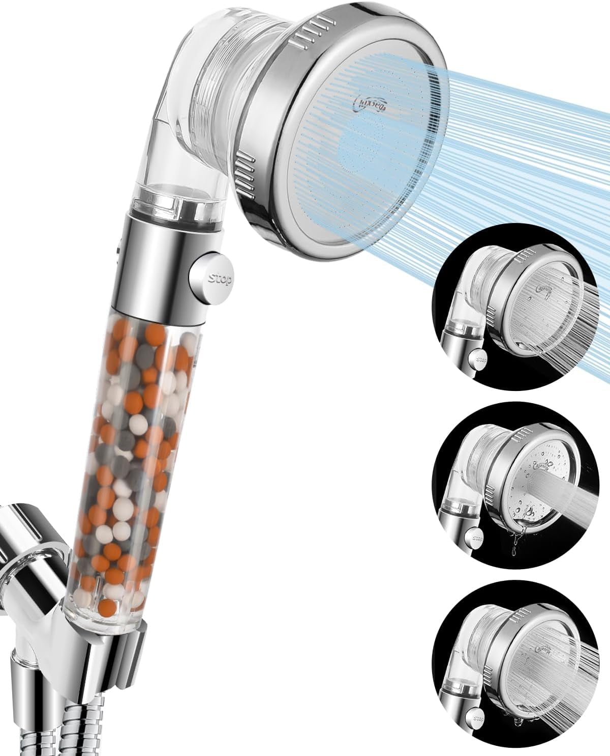 4-Mode Filtered Shower Head with Stop, High Pressure Spray to Clean ...