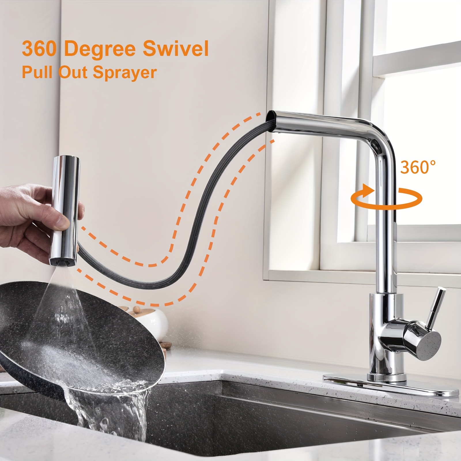 4-Mode Waterfall Kitchen Faucet with 360° Rotation, Pull-Out Stream ...