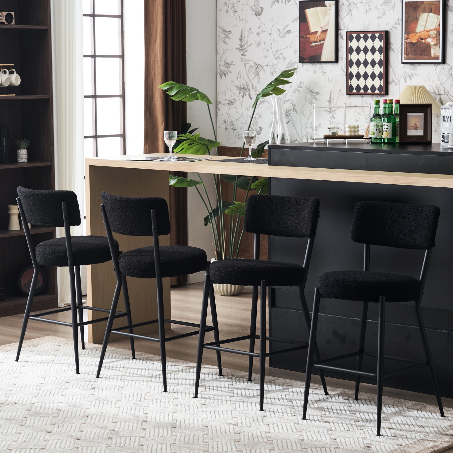 4 Modern Bar Stools - Fabric, Metal Base Black For Kitchen Island ...