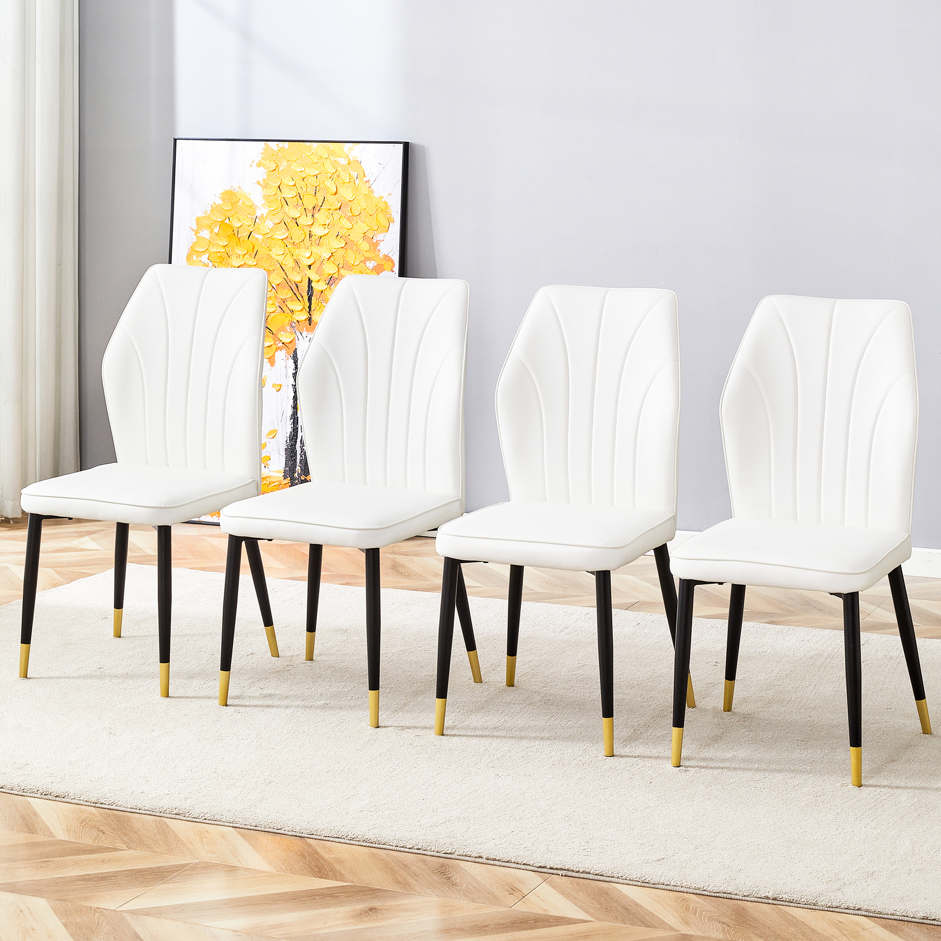 Of 4 Modern Dining Chairs, White Pu Upholstery, Chic Pattern, Black ...