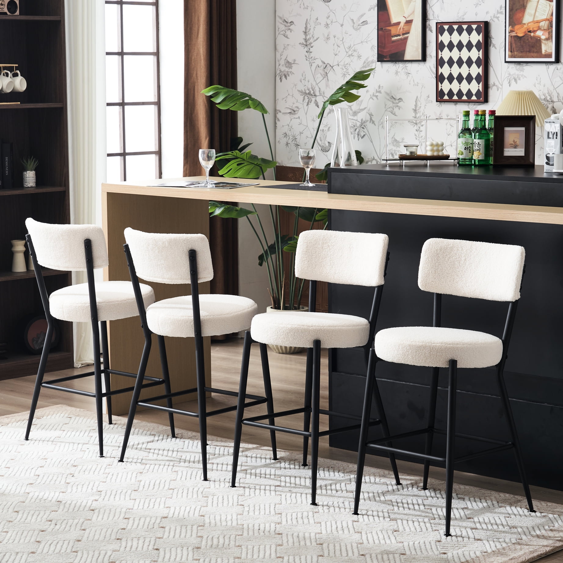4 Modern Kitchen Bar Stools - Beige Fabric, Metal Base Dining Room ...