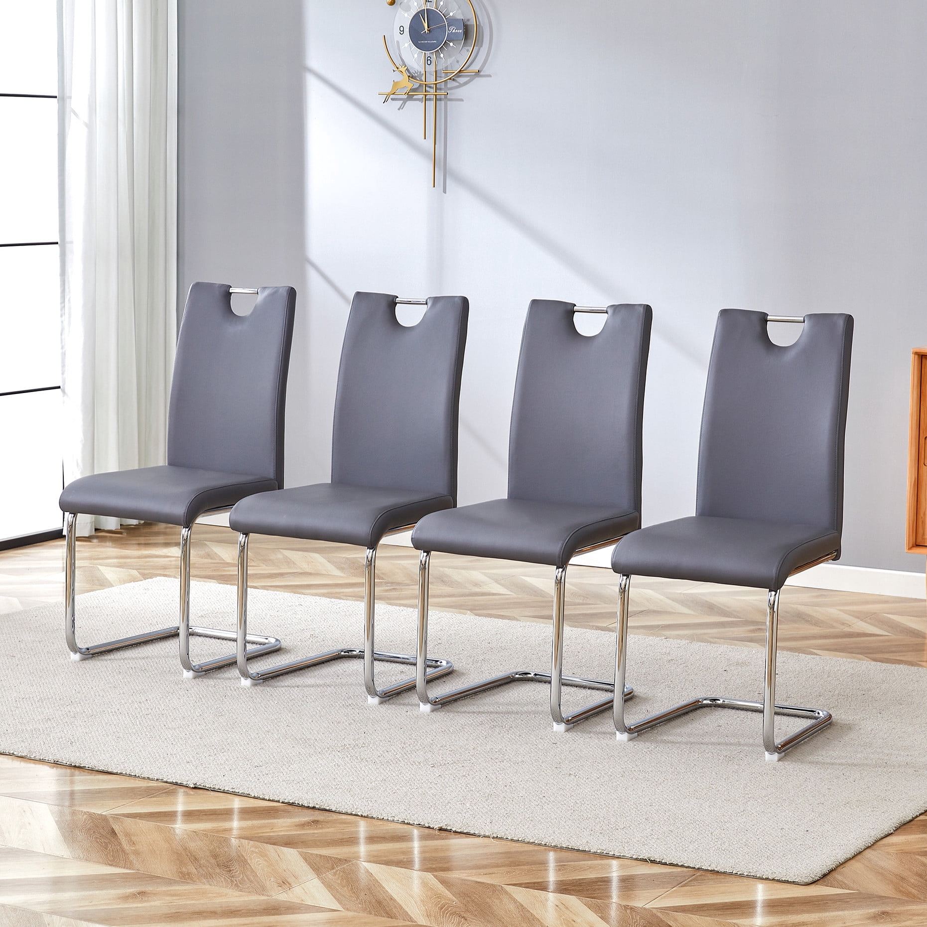 4 Modern Side Dining Chairs - Grey Faux Leather With Metal Legs For A ...