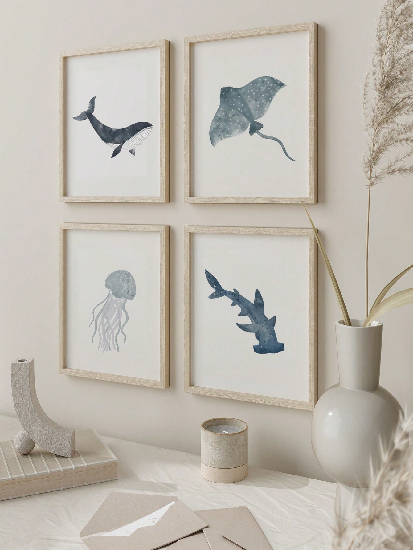 4 Ocean Wonders Wall Paintings Whale Shark Jellyfish Stingray Canvas ...