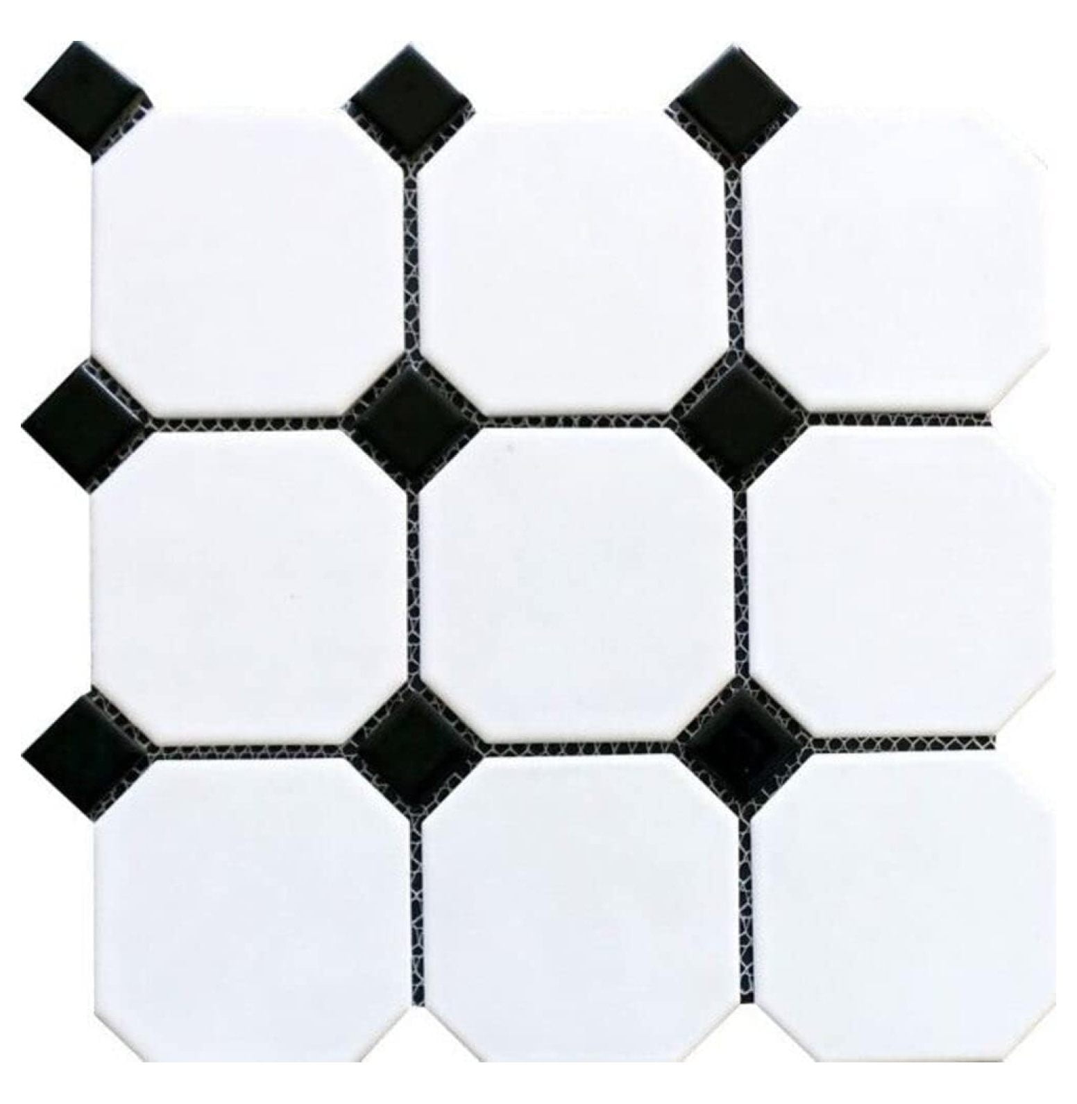 4" Octagon Tile Matte White with Glossy Black Dots Porcelain Mosaic for ...