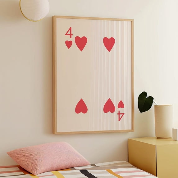 4 Of Hearts Poster Cute Red Card Retro Wall Art Trendy Playing Poster ...