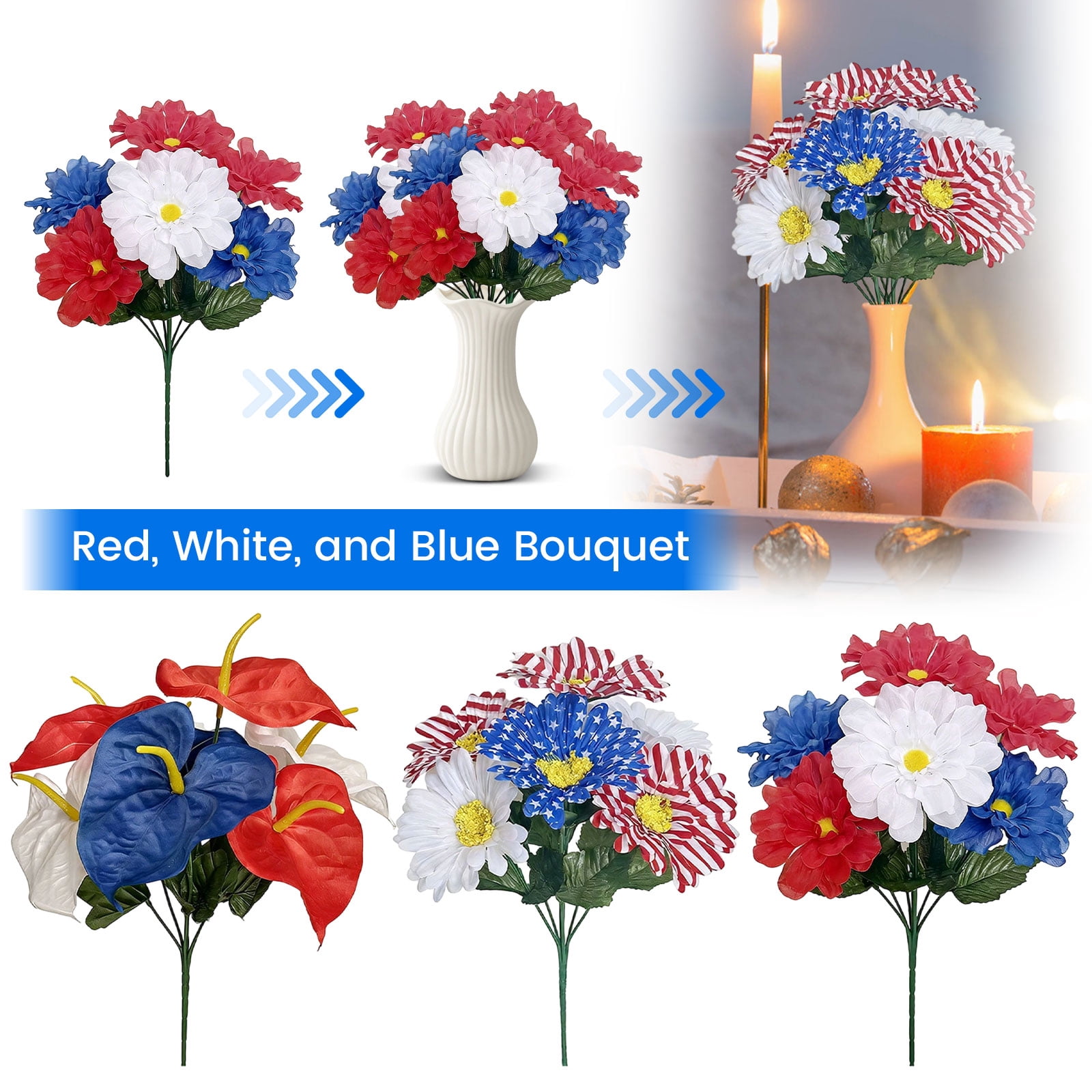 4 Of July Decor Artificial Flowers, UV Resistant Faux Fake Flower ...