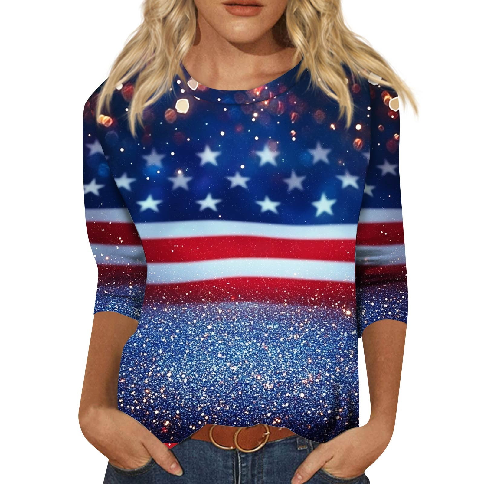 Red White Blue Shirts for Women American Flag Patriotic 3/4 Sleeve Tops ...