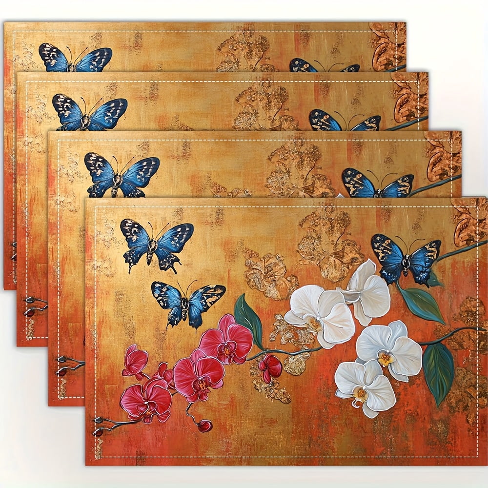 4 Oriental Orchid and Butterfly Placemats, Fashionable Printed Table ...
