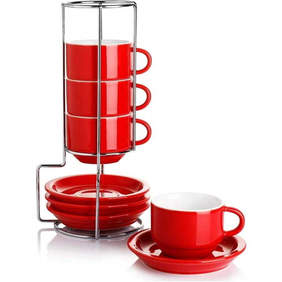 4 Ounce Porcelain Stackable Espresso Cups With Saucers And Metal Stand ...