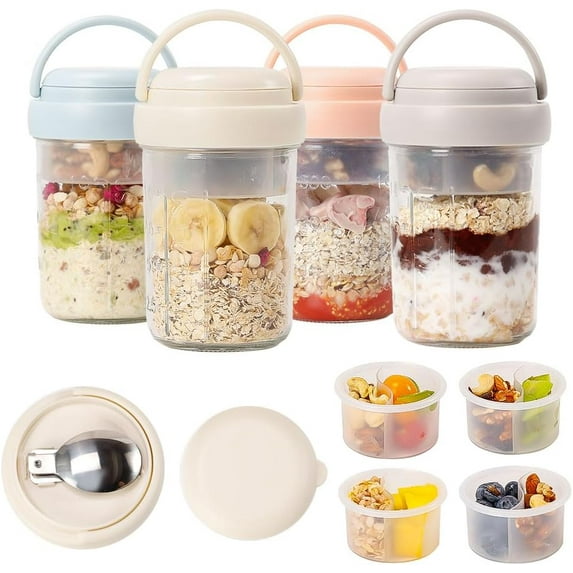 4 Overnight Oats Containers with and Handles, Folding Spoons & Divided ...
