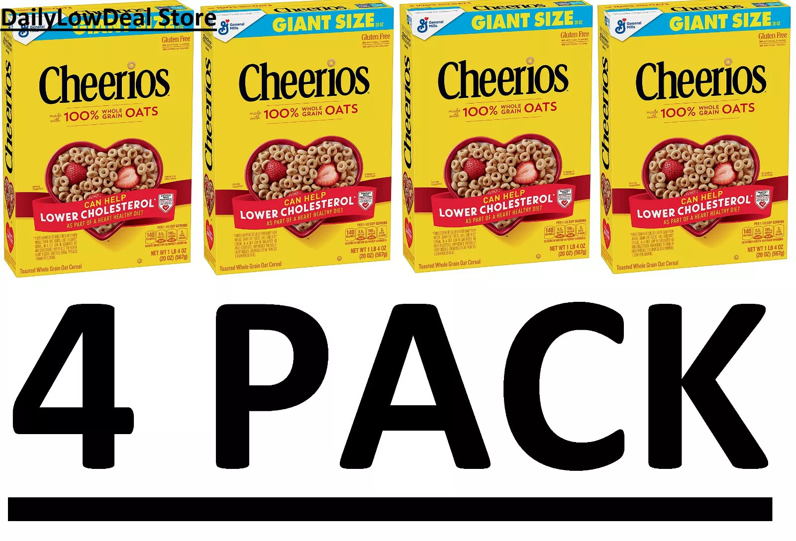 4 PACK - Cheerios, Cereal with Whole Grain Oats, Gluten Free, 20 oz ...