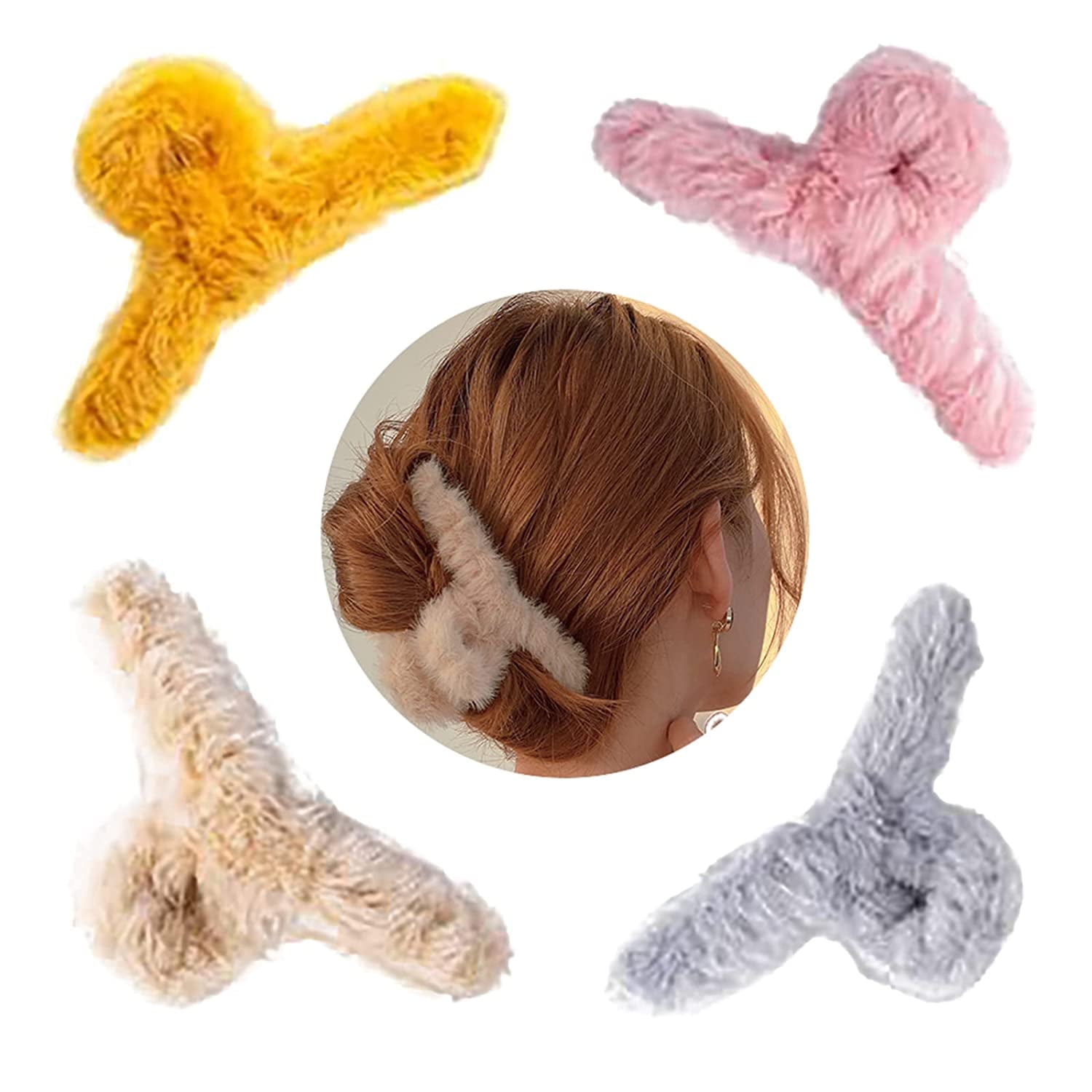 4 PACK Furry Hair Claw Clips, Non Slip Large Plush Hair Clips, Faux Fur ...