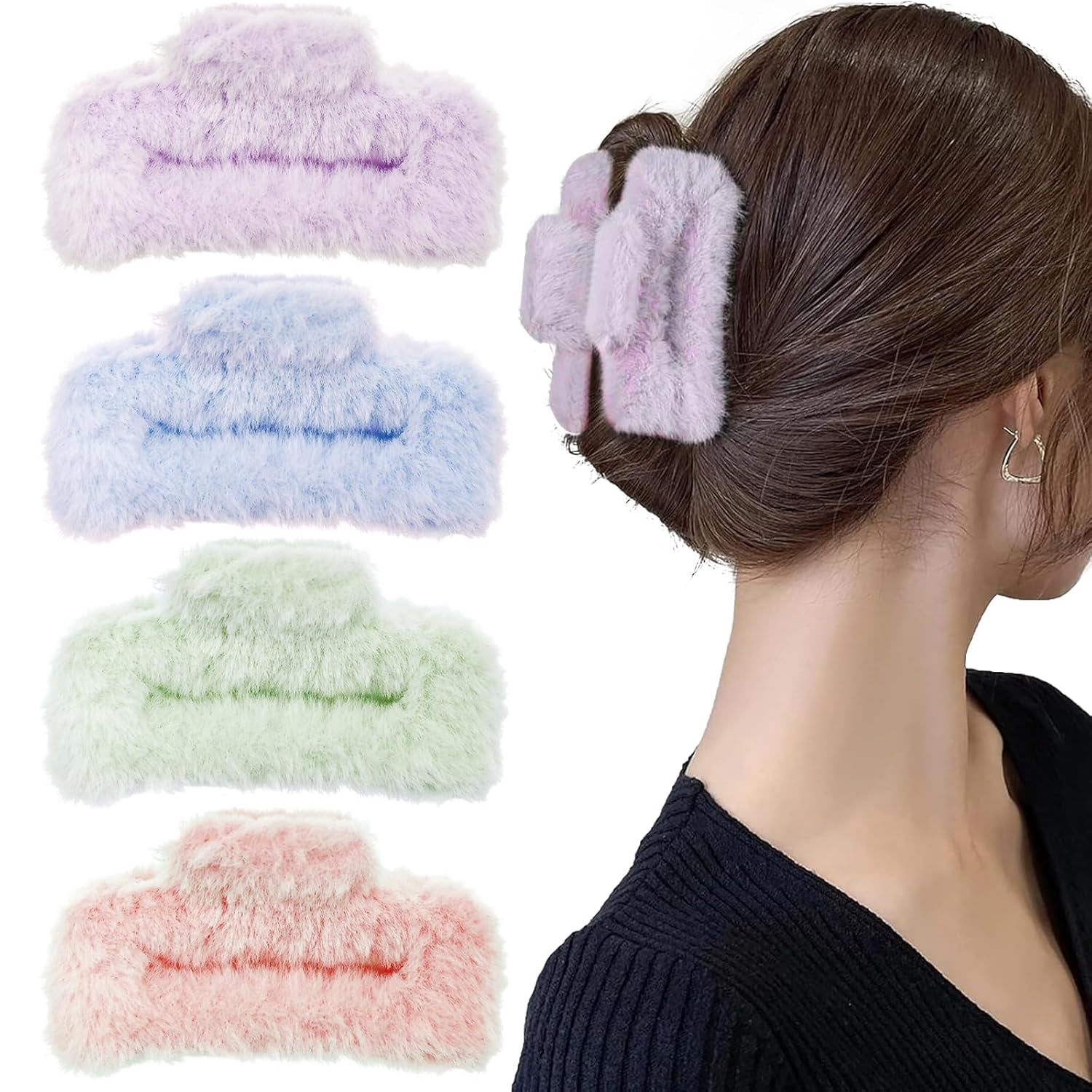4 PACK Large Hair Claw Clips, Faux Fur Plush Hair Catch Barrette Jaw ...