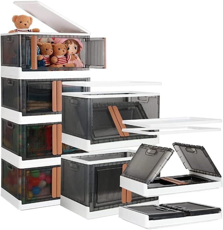4 PACK Storage Bins With Lids - Stackable Storage with Front Doors and ...