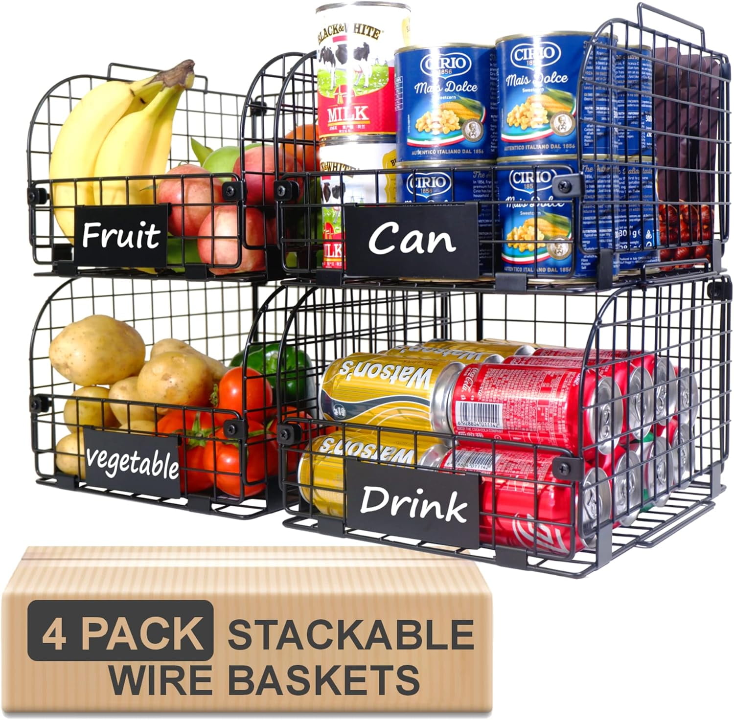 4 PACK Wire Stackable Baskets for Organizing,Fruit Basket for Kitchen ...