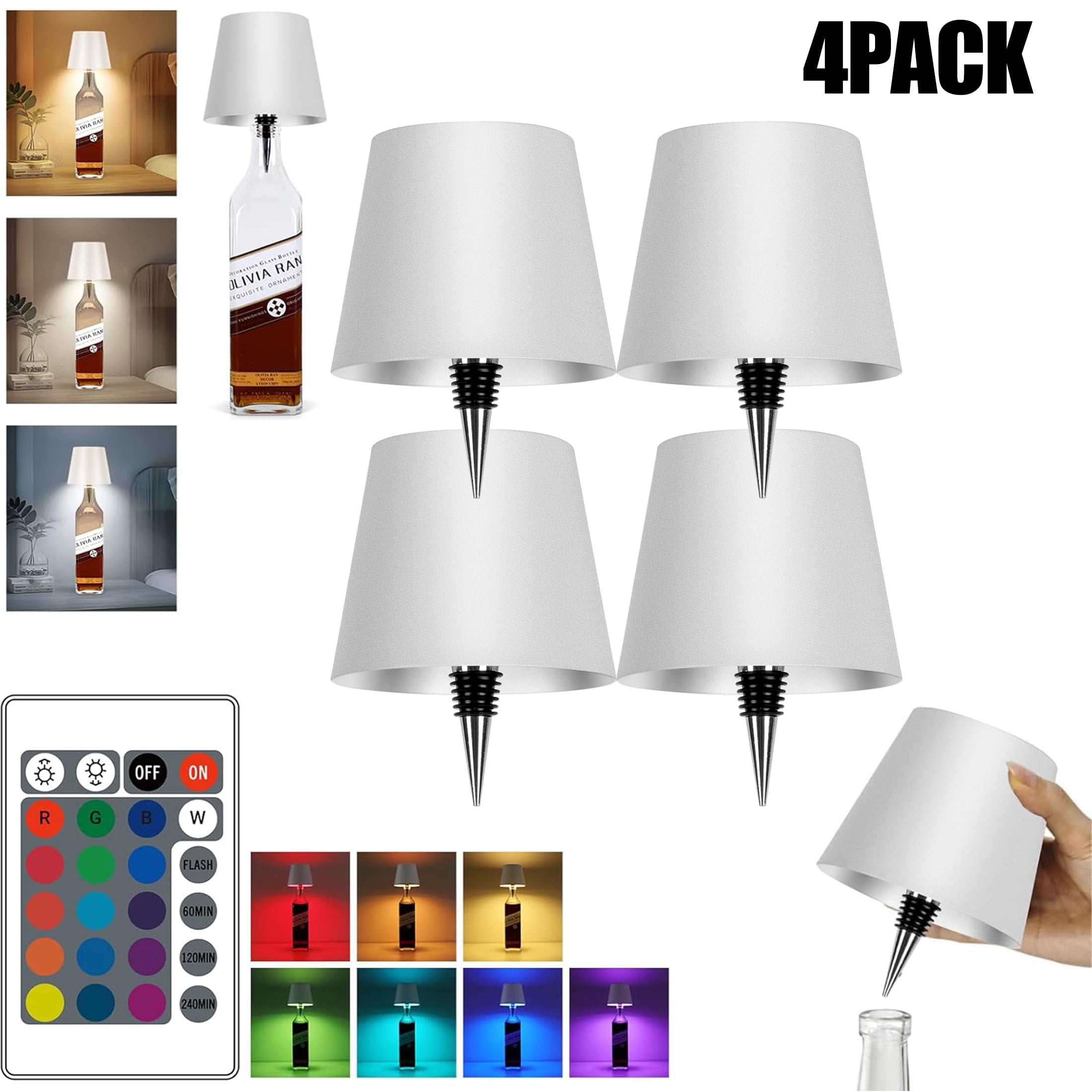 4 PACK Wireless Bottle Lamp With RGB Color Lights, Touch Dimmable Lamp ...