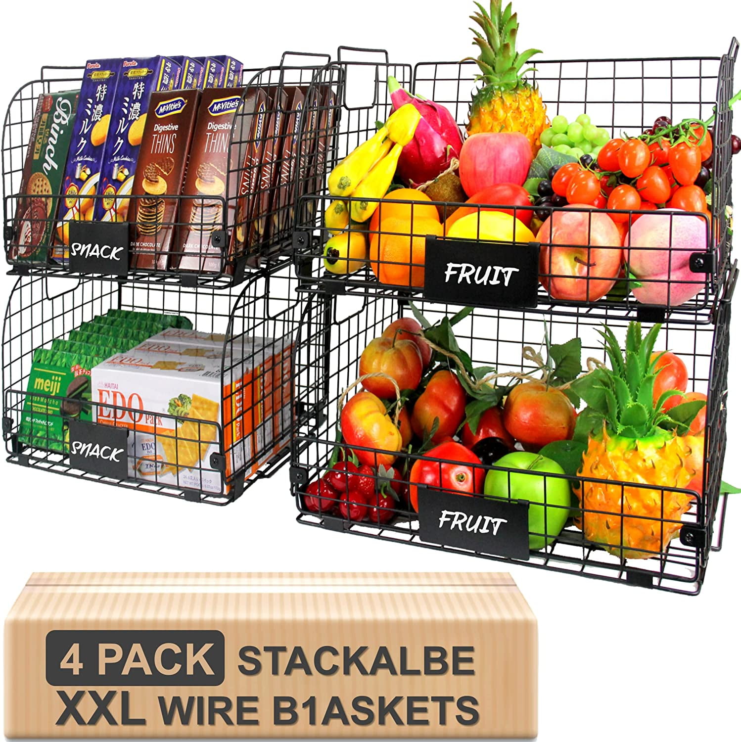 4 PACK XXL Stackable Wire Baskets for Storage Pantry,Fruit Basket For ...