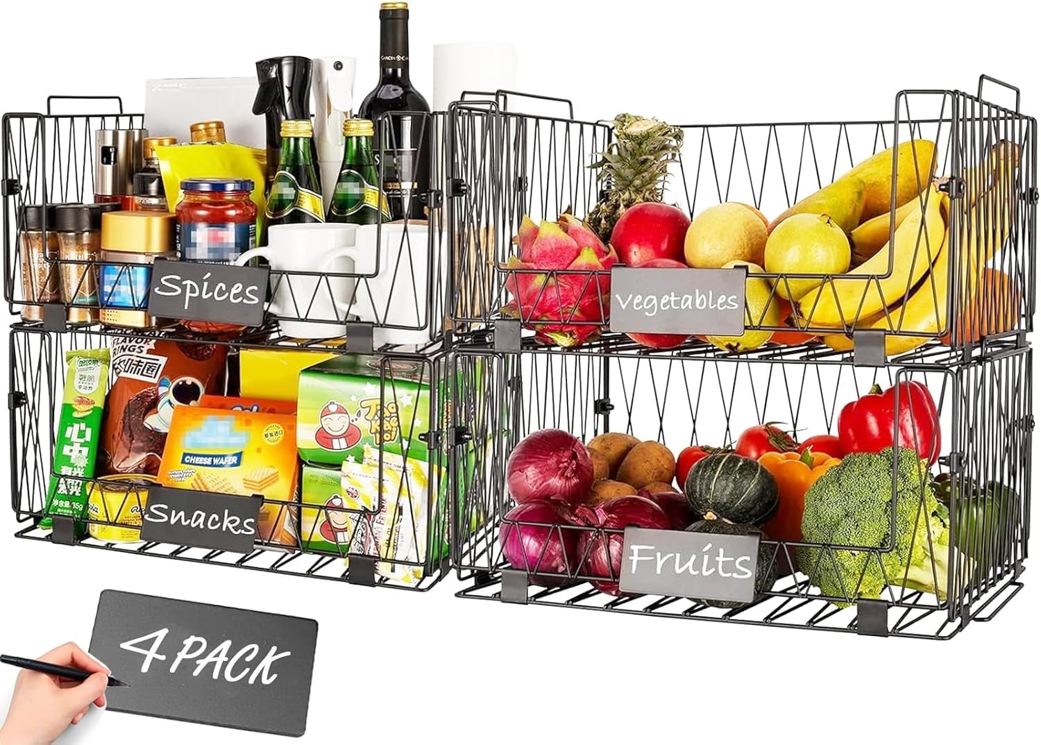 4 PACKS XXL Kitchen Organization and Storage Pantry Baskets, Fruit ...