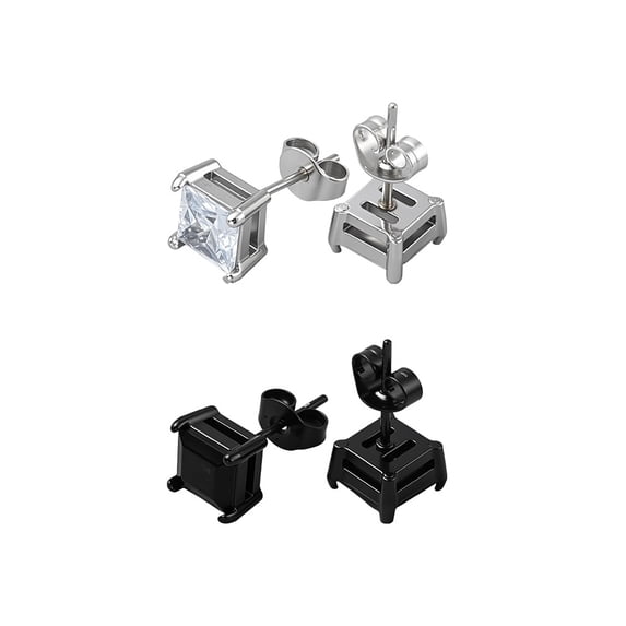 4 PC 2 Colors Stainless Steel Square Stud Earrings with Cubic Zirconia ...