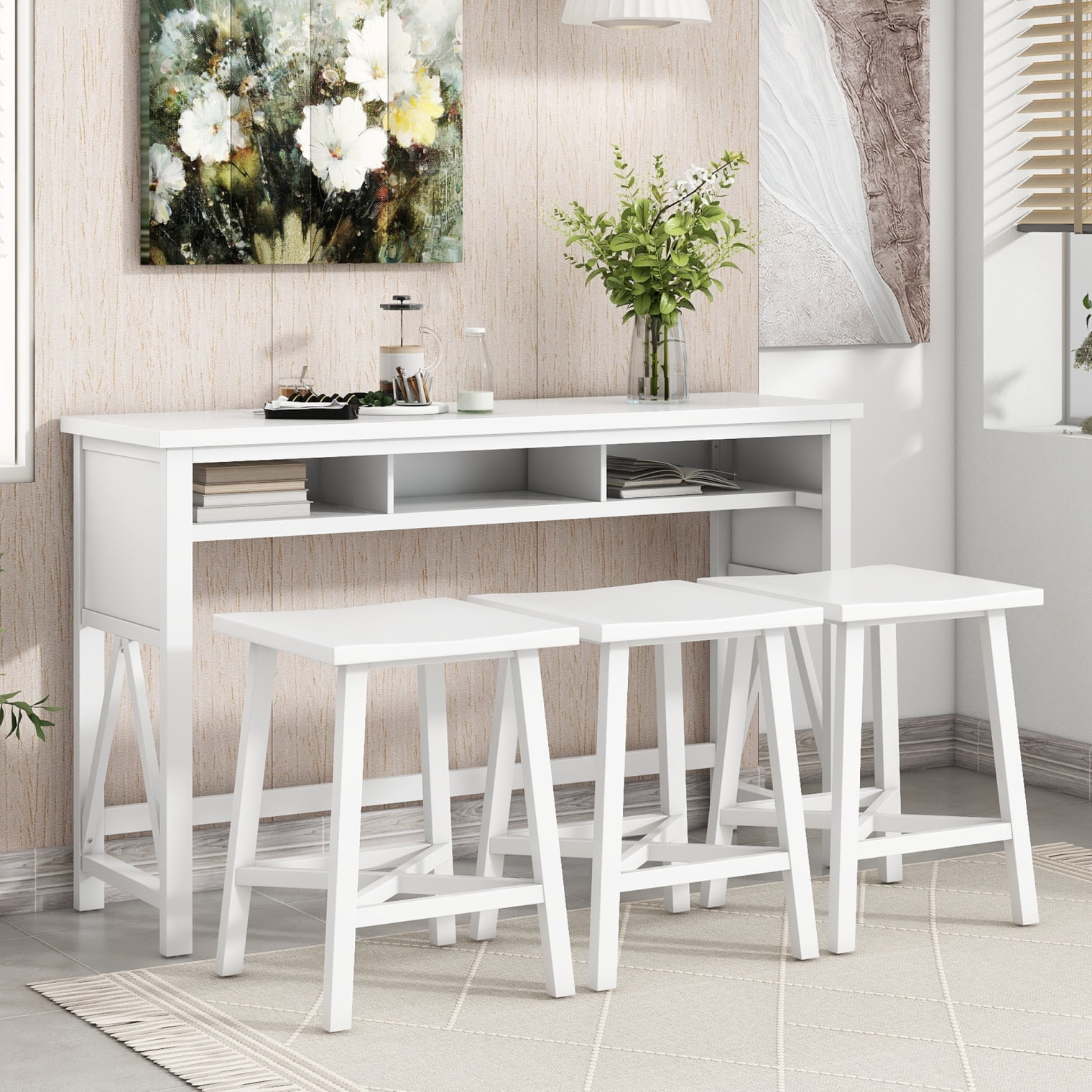 4 PC Farmhouse Counter Height Dining Table Set with 3 Storage Space, 60 ...