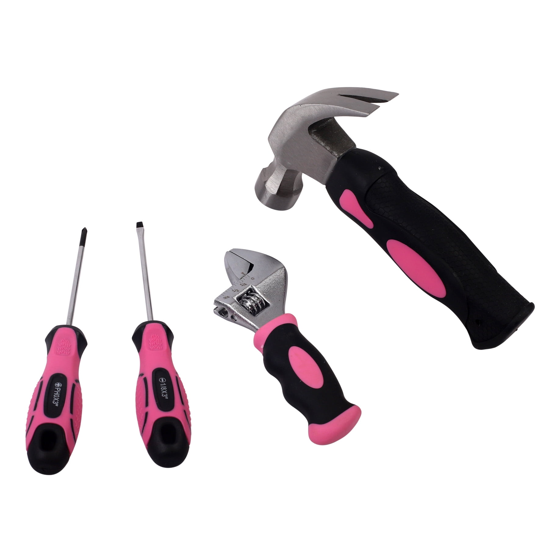 4-PC PINK STUBBY TOOL SET, CLAW HAMMER, ADJUSTABLE WRENCH, SCREWDRIVERS ...