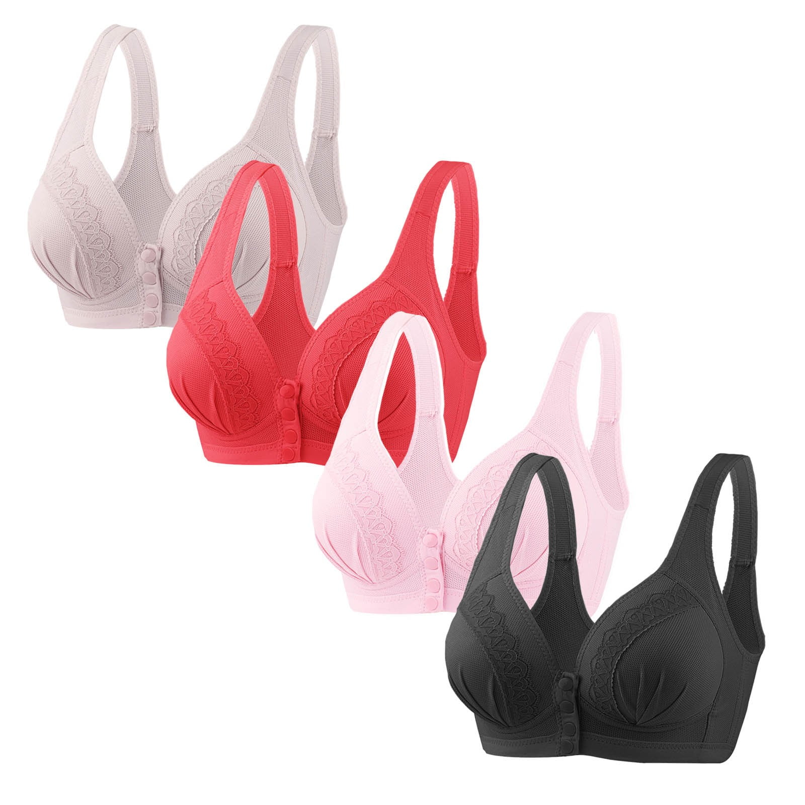 4 PC Snap Front Bra for Older Women Breathable Wireless Bra,Sexy Lace ...