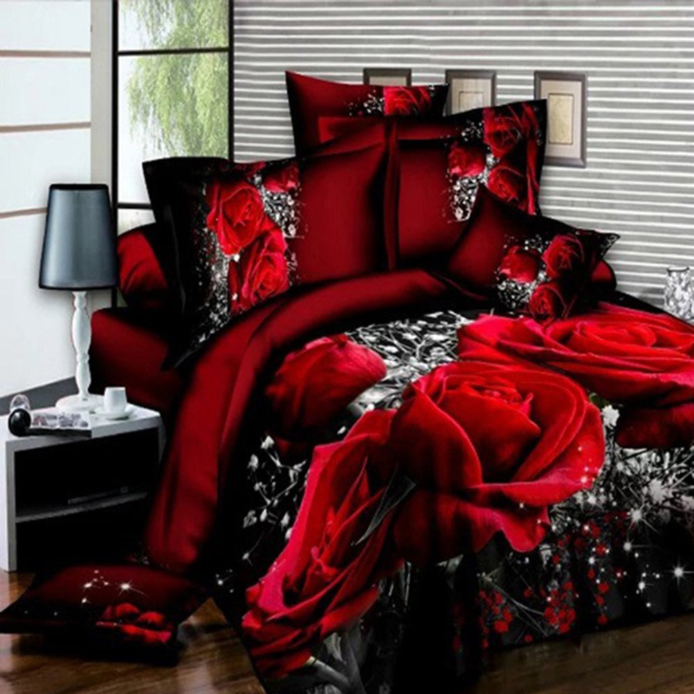 4 PCS 3D Big Red Rose Floral Bedding Sheets Wedding Duvet Cover Sheet ...