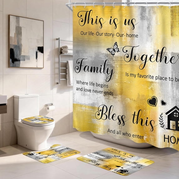 4 PCS Abstract Yellow Grey Bathroom Set with Shower Curtain and Rugs ...