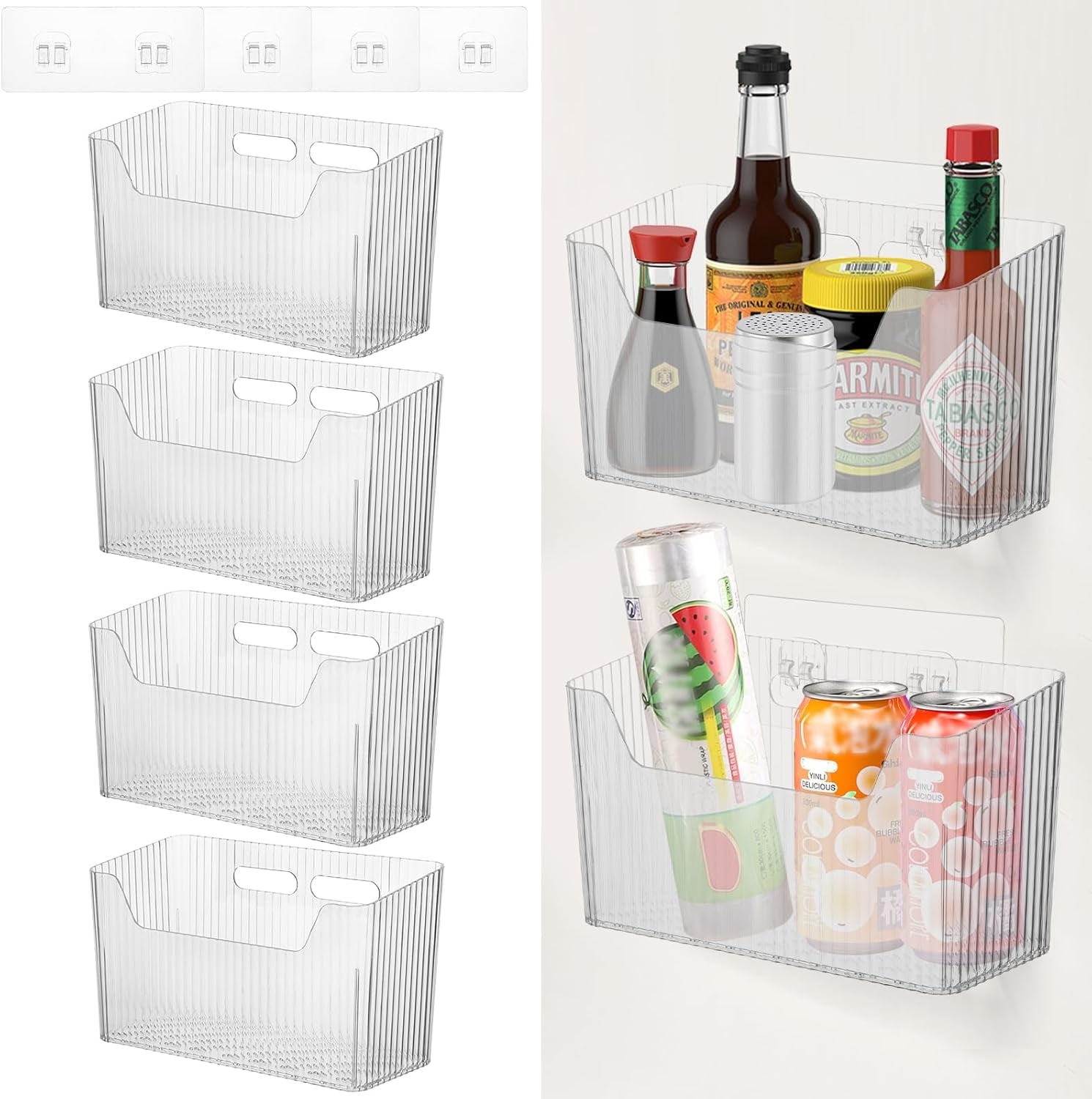 4 PCS Adhesive Kitchen Cabinet Door Organizer Storage Caddy, Clear Lid ...