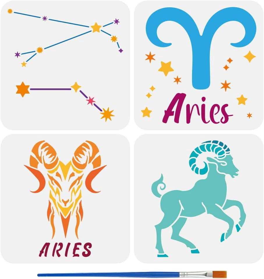 4 PCS Aries Signs Stencils with Brush 7.9x7.9inch Aries Zodiac Symbols ...