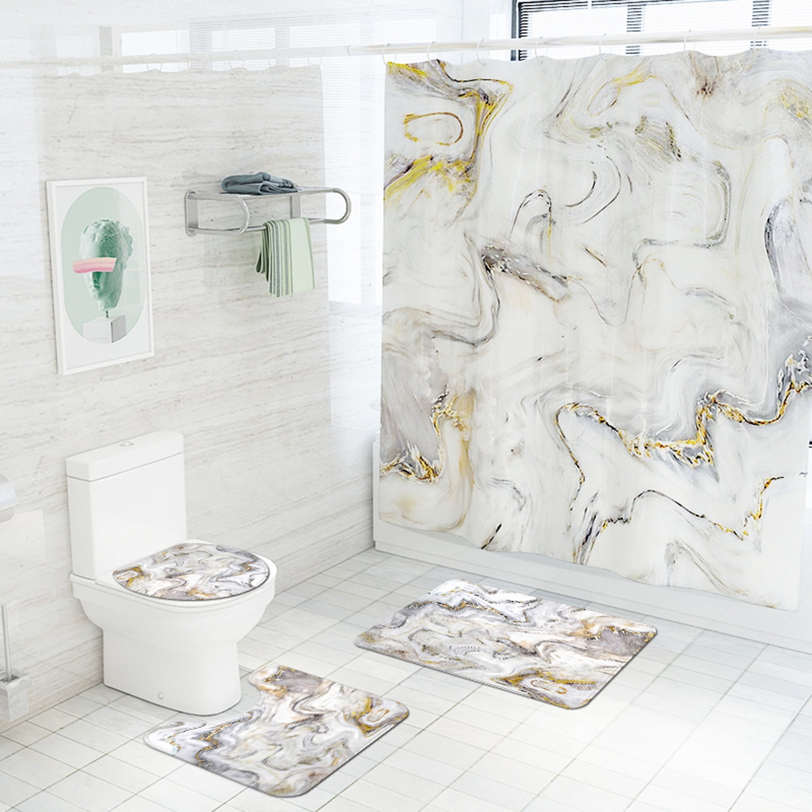 4 PCS Bathroom Set Marbling Shower Curtain Sets with Rugs (Bath Mat,U ...