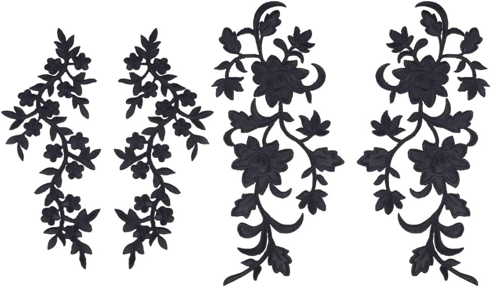 4 PCS Black Embroidered Flower Cloth Appliques Wedding Dress Patch 2 ...