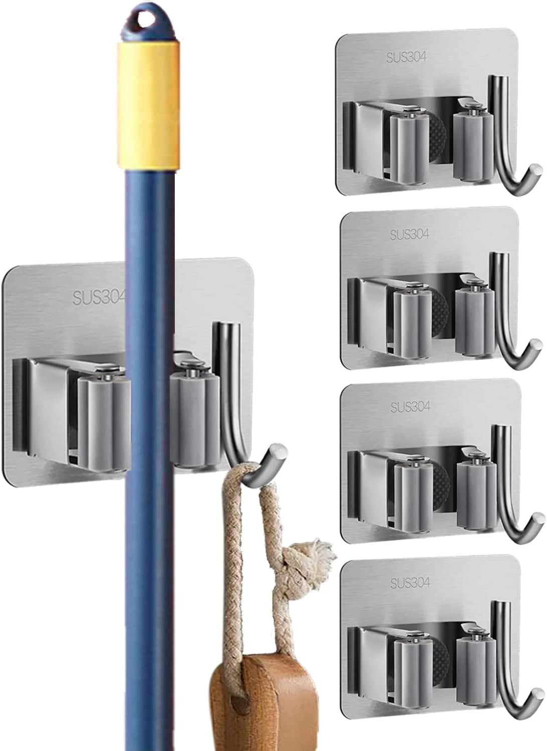 (4 PCS) Broom Holder Wall Mount self Adhesive Mop Hanger Hook Racks ...