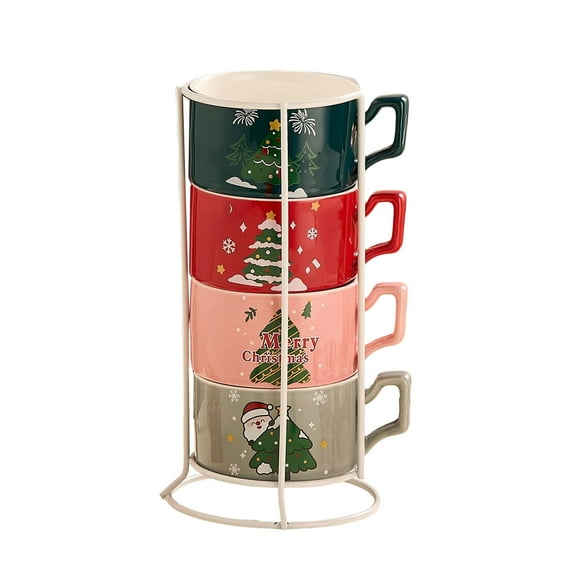4 PCS Christmas Stacking Mugs Set with Metal Cup Holder Decorative ...