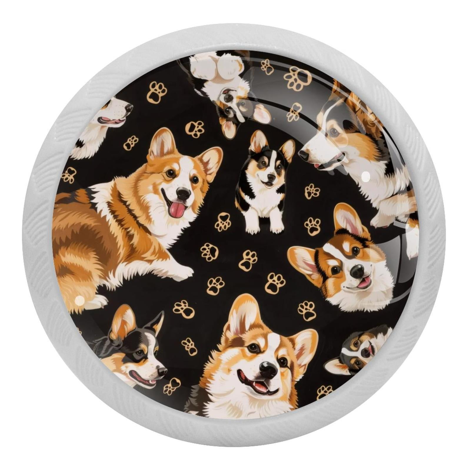 4 PCS Corgi Dogs Animal Footprints Crystal Glass Round Cabinet Knob ...
