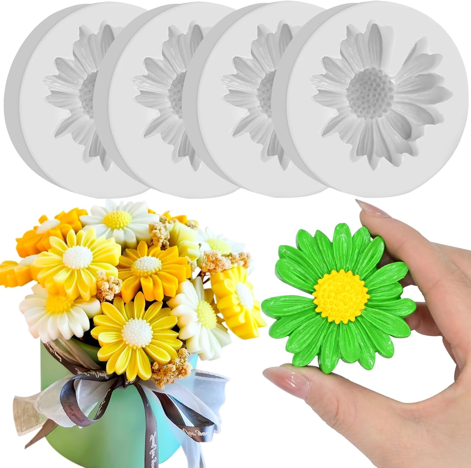 4 PCS Daisy Flower Silicone Molds for Candles, 3D Flower Fondant ...