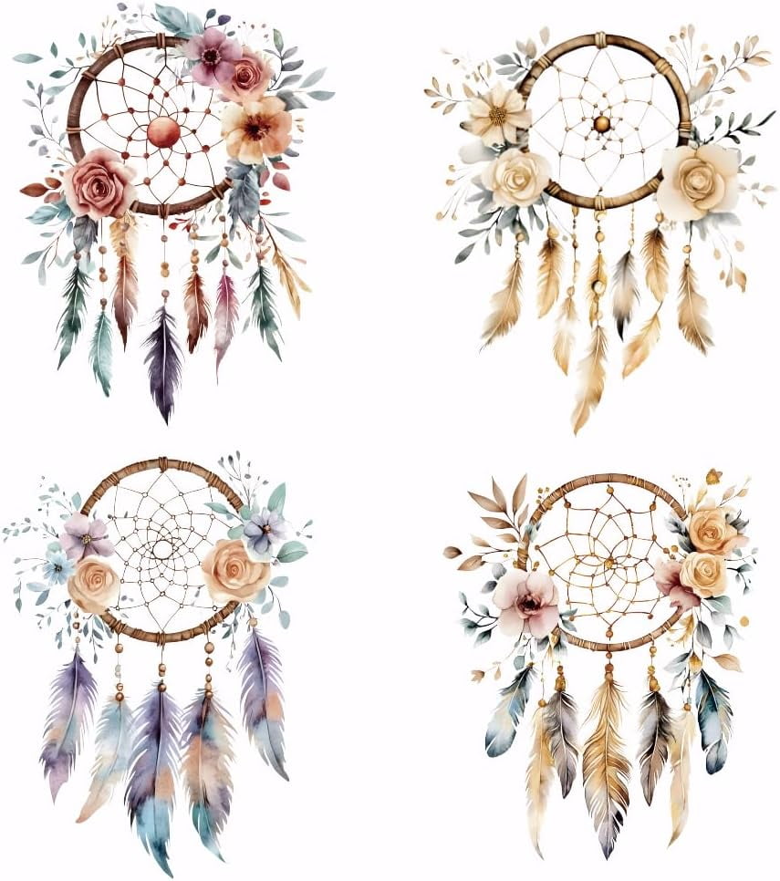 4 PCS Dreamcatcher Heat Transfer Floral Dreamcatcher Iron-On Transfers ...