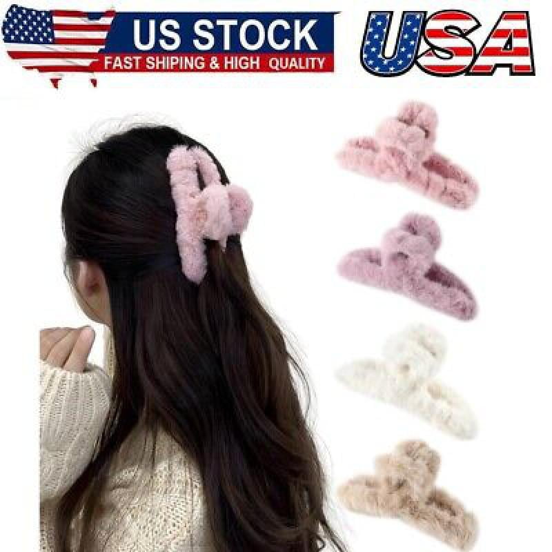 4 PCS Faux Fur Hair Clips Large Plush Hair Catch Barrette Jaw Clamp for ...