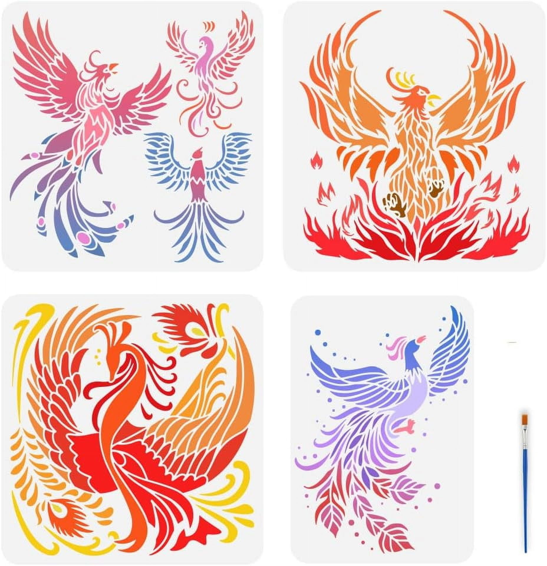 4 PCS Flame Phoenix Painting Stencil with 1 Pc Plastic Paint Brush ...