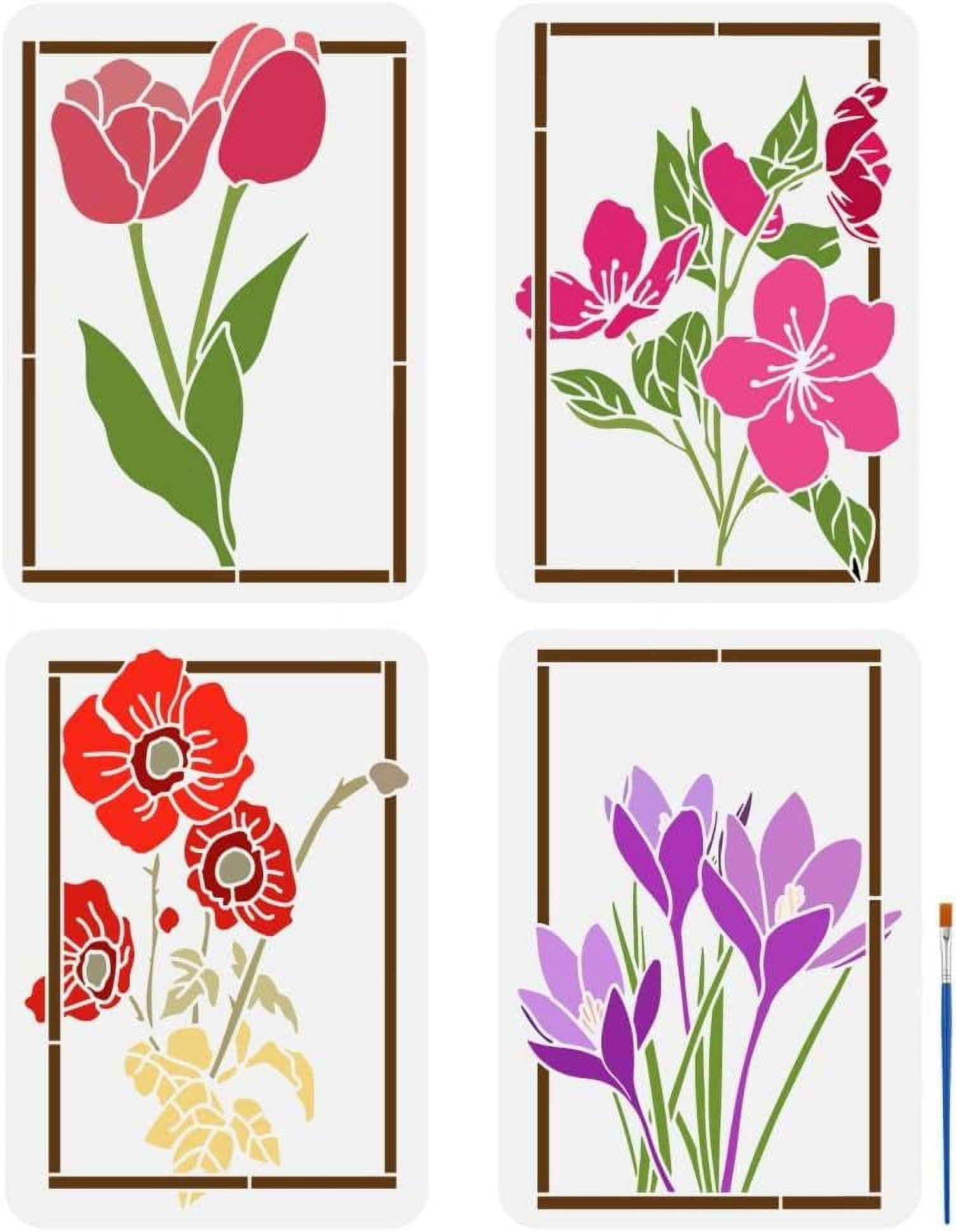 4 PCS Flower Photo Frame Painting Stencil with a Art Paint Brush 8.3x11 ...
