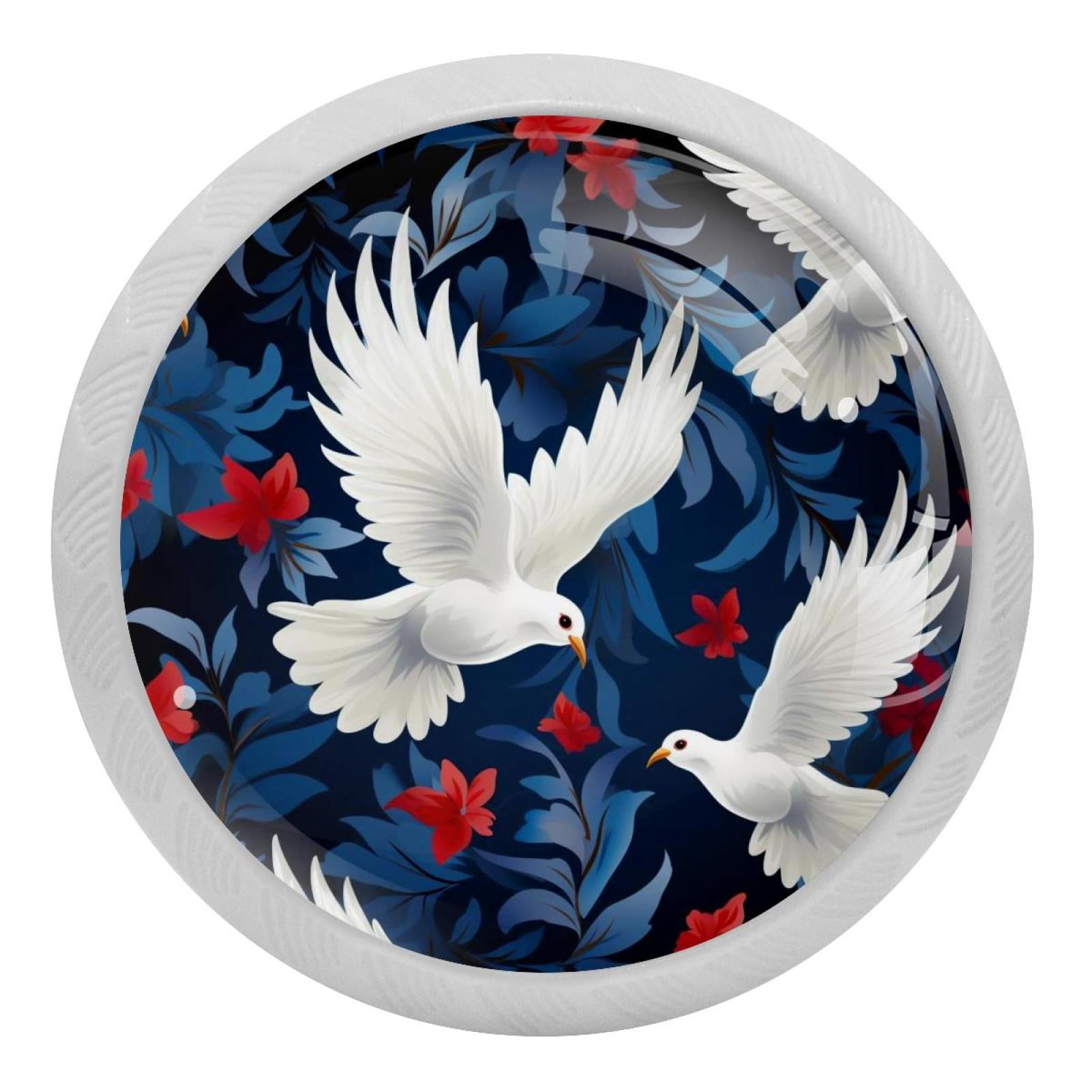 4 PCS Flying White Pigeon and Flowers Crystal Glass Round Cabinet Knob ...