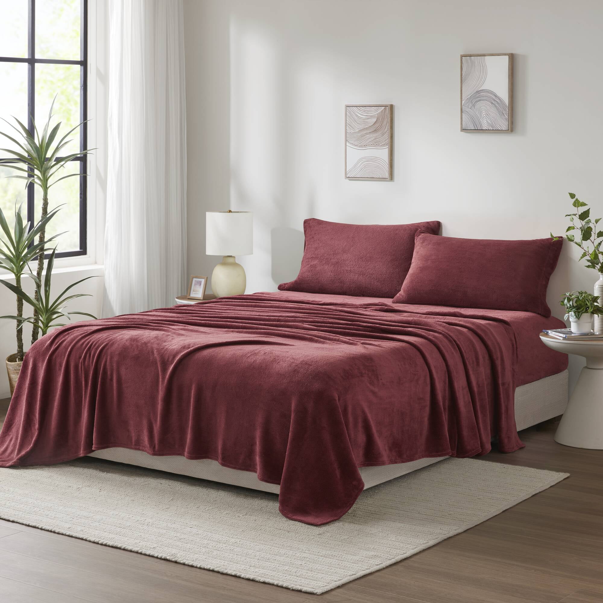 4 PCS Full Micro Plush Sheet Set Burgundy - Walmart.com