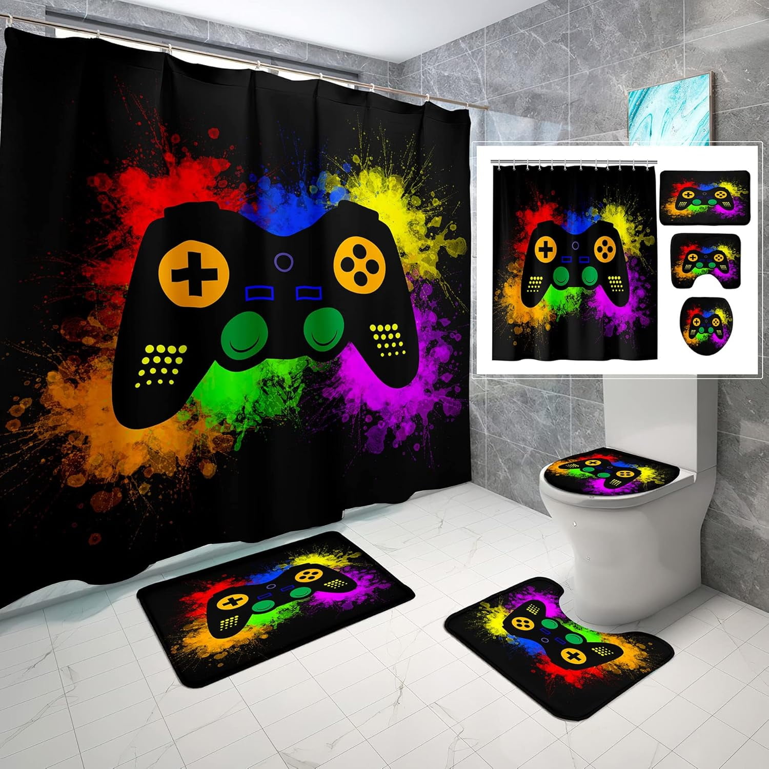4 PCS Game Shower Curtain Set for Boys Bathroom Sets with Curtain,Rug ...