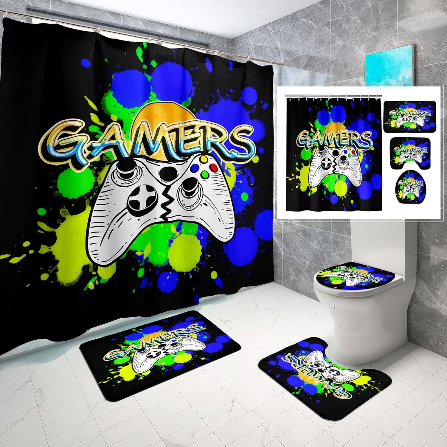 4 PCS Game Shower Curtain Set for Boys Bathroom Sets with Curtain,Rug ...